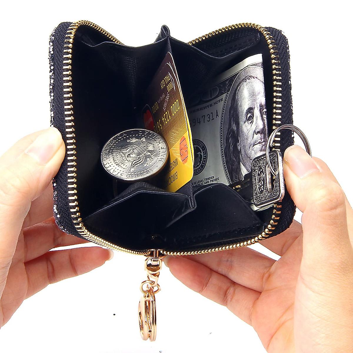 GEEAD Small Glitter Wallet for Women Girls Mini Coin Purse Pouches with Key Ring