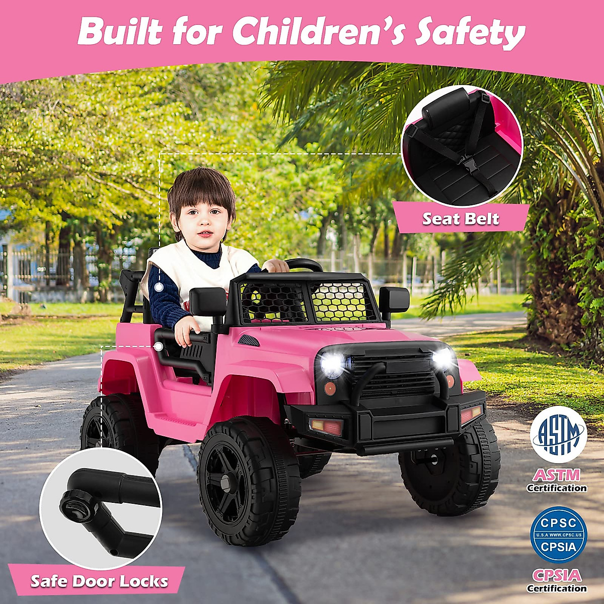 Costzon Ride on Car, 12V Battery Powered Electric Vehicle w/Parent Remote Control, Spring Suspension, Storage, 3 Speeds, LED Light, MP3, Music, USB & AUX Port, Safety Belt, Kids 4 Wheeler Truck, Pink