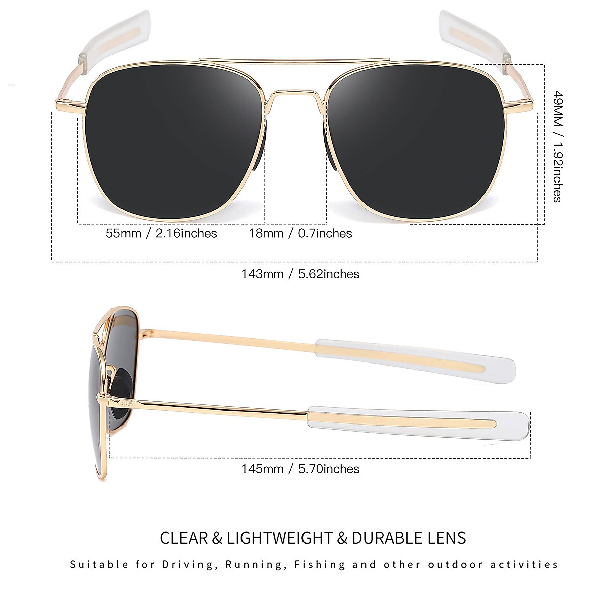 RCXKOOM Aviator Sunglasses for Men Army Military Style Polarized Pilot Sun Glasses Metal Frame Spring Hinge Bayonet Temple Shades