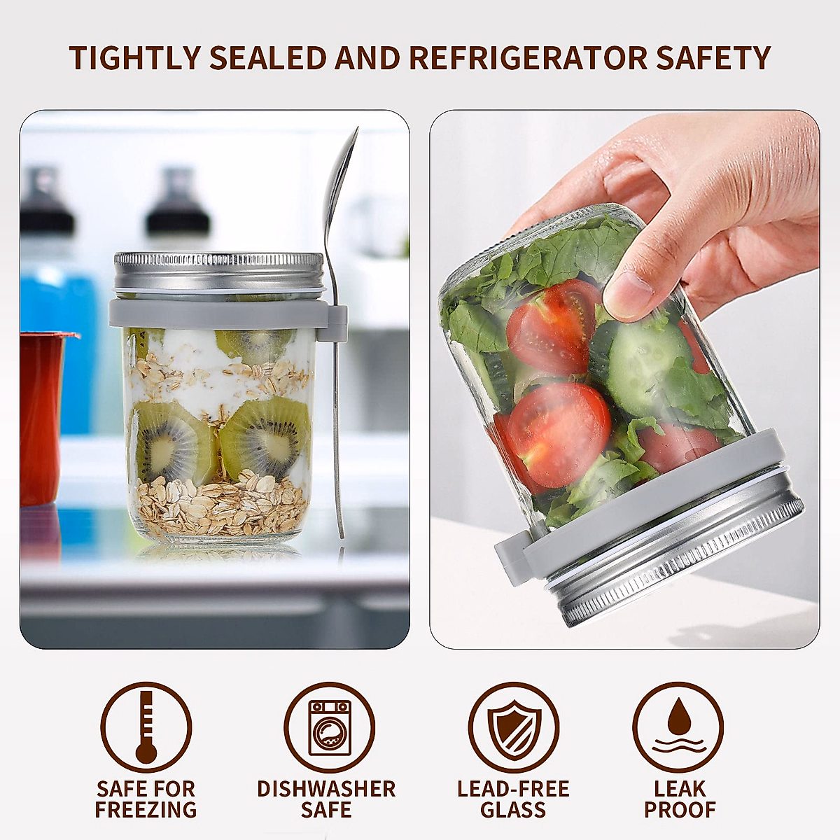 Overnight Oats Containers with Lid and Spoon, 12 oz Glass Oatmeal Container Jars Set of 2, Portable Cups with Wide Mouth Lid, Reusable Leak-Proof On The Go Cups for Cereal Yogurt and Parfait (Silver)