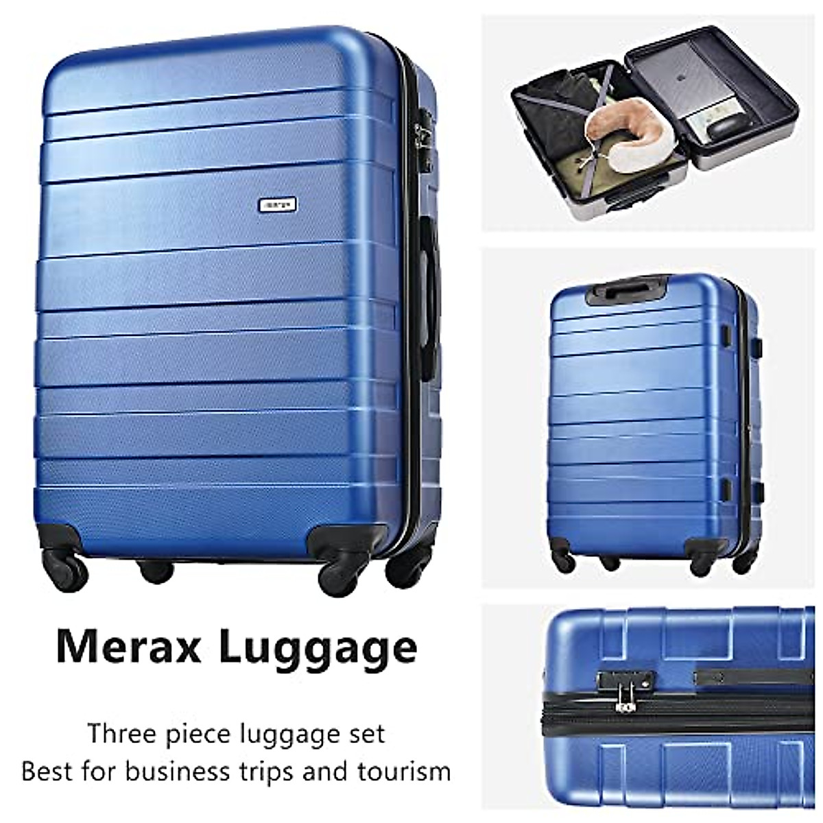 Merax 3 Piece Expandable ABS Hardshell Luggage Sets Spinner Wheel Suitcase TSA Lock Suit Case, Navy, 20/24/28 Inch