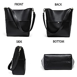 Seammer Genuine Leather Bucket Handbags for Women Large Designer Hobo Shoulder Handbag Purse Black