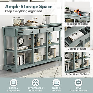 KOTEK 58'' Console Table with Storage, Retro Entryway Table with 3 Drawers and Open Shelves, Solid Wood Legs, Long Sofa Table, Hallway Table for Entryway, Living Room