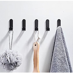 Bathroom Towel Hooks,Coat Hooks Wall Mounted,Over Door Hooks Without Drilling,Aluminum Robe Hooks-Black .（5 Pack）
