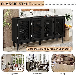 Merax Black Modern Rustic Wood Buffet Sideboard with Storage Shelf, 4 Rattan Doors Coffee Bar Cabinet TV Stand for Bedroom Living Dinning Room Kitchen, 1 Set