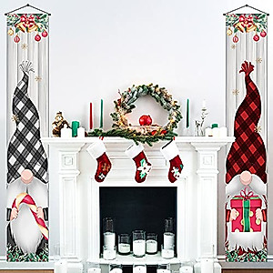 Rainlemon Merry Christmas Gnome Porch Banner Swedish Tomte Nordic Buffalo Check Plaid Front Door Sign Decoration