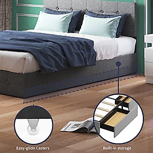 ZAFLY Platform California King Size Bed Frames with Square Button Tufted Headboard,Cal King Bed Frame with 4 Storage Drawers,Wooden Slats Support,No Box Spring Needed,Easy Assembly,Dark Grey