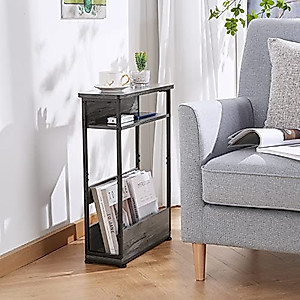 Vintage Narrow Side Table with Storage Shelf, 3 Tier Slim End Table Modern Sofa Table for Narrow and Small Spaces, Bedside Table Small Nightstand with Magazine Rack/Grey, 7.1D x 18.1W x 24.6H inch