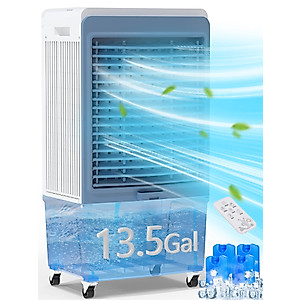 Uthfy Evaporative Air Cooler, 6000 CFM Swamp Cooler with 13.5 Gallon Water Reservoir, 120°Oscillation Portable Air Cooler with Remote Control, 12H Timer, 3 Wind Speeds for Outdoor Indoor Use