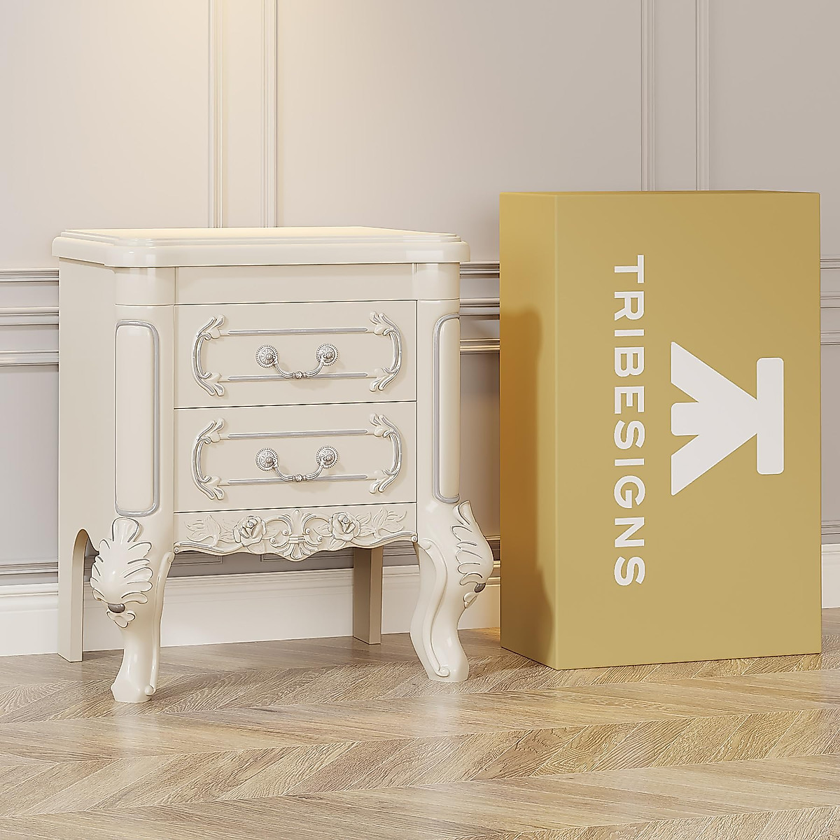 Tribesigns White Nightstand, End Table with 2 Drawers, Carved Bedside Tables, Side Table for Bedroom, Living Room, Classic Bedroom Furniture, Night Stand（1PC