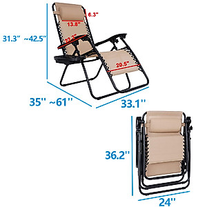 SUPER DEAL Zero Gravity Chair Set of 2 Folding Anti Gravity Recliner Outdoor Patio Beach Lounger Chair with Side Cup Holder Tray and Pillow for Patio, Poolside, Backyard, Deck, Heavy Duty Steel Frame