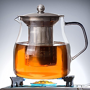Glass Teapot For Stovetop Safe with Infuser - Borosilicate Glass Tea Kettle with Strainer - 34 oz - For Iced Blooming Loose Tea Pot Maker