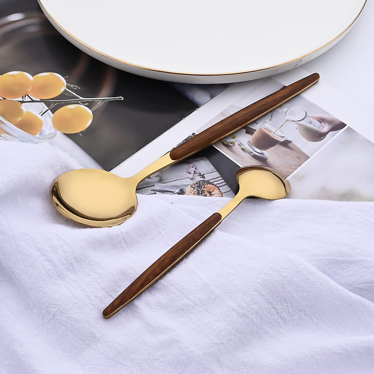 Uniturcky 20-Piece Silverware Set for 4, Stainless Steel Flatware Tableware Set, Mirror Polished Tableware Cutlery Set for Family Kitchen Restaurant, Faux Wooden Handle, Dishwasher Safe(Gold & Brown)