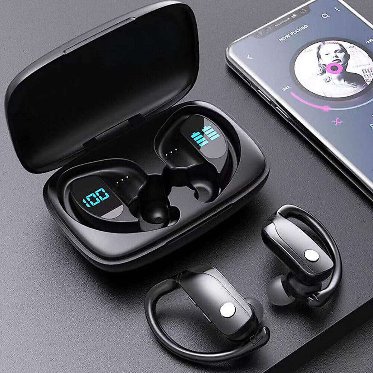 FK Trading Wireless Earbuds for iPad Pro 12.9 (2022) Bluetooth Headphones 48hrs Play Back Sport Earphones with LED Display Over-Ear Buds with Earhooks Built-in Mic