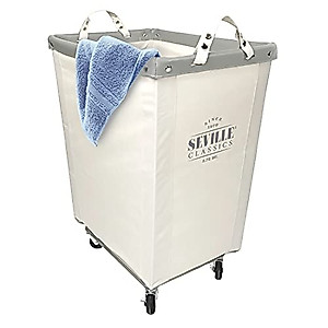 Seville Classics Large Commercial Heavy Duty Rolling Steel Frame Laundry Hamper Canvas Cart Bin, w/Wheels for Hotel, Home, Closet, Bedroom (PATENTED), Cream, 22" D x 16" W