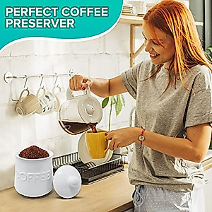 Kovot Ceramic Coffee Canister - Embossed Coffee Jar with Air-Sealed Lid - Best Coffee Preserver - Airscape Coffee Container - Easy to Wash, Color: Ivory White, Measures: 6”H