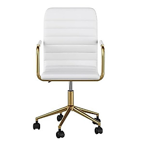 Martha Stewart Taytum Swivel Task Chair with Armrests for Home Office in White Faux Leather with Polished Brass Frame
