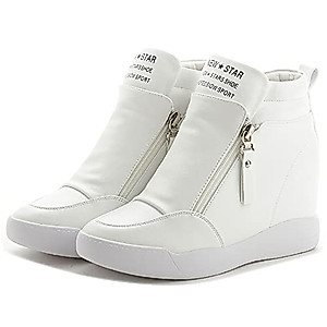 Women 2.75in Hidden Heel Trainers Ladies Arch Support Wedge Casual Sports Shoes Comfort Zipper Height Increasing Athletic Platform High Top Sneakers for Outdoor (Color : White, Size : 6.5 US)