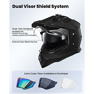 ILM Dual Sport Adventure Motorcycle Helmet with Pinlock Compatible Sun Visor Snowmobile ATV Dirt Bike Off Road Casco Model WS902 (Matte Black, L)
