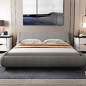 Allewie Queen Size Bed Frame with Curved Adjustable Headboard, 100% Fabric Upholstered Platform Bed, Strong Wooden Slats Support, 10-12'' Mattress Recommended, Grey