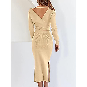 LOGENE Women's 2 Piece Outfit Ribbed Knit Long Sleeve Vneck Sweater Tops and Bodycon Split Midi Skirt Sweater 6L85-tuxing-S Apricot
