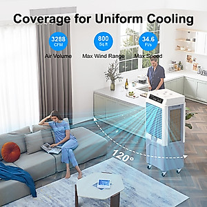 Landeagle Swamp Cooler, 3288CFM Evaporative Air Cooler with 10.6-Gal Water Tank, Evaporative Cooler with Water Level Alarm, 3 Speeds, 12H Timer, Air Cooler for Indoor Outdoor Patio Garage Use(42IN)