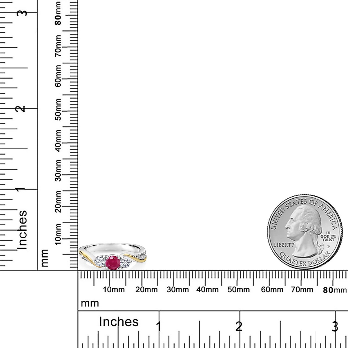 Gem Stone King 925 Silver and 10K Yellow Gold Red Ruby White Moissanite and White Lab Grown Diamond 3 Stone Engagement Ring For Women (0.58 Cttw, July Birthstone, Available In Size 5, 6, 7, 8, 9)