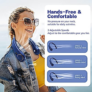 AURTEC Portable Neck Fan, Hands Free Bladeless Neck Fan, Personal Summer Cooling Neck Fan, 3 Speeds 4000mAh Rechargeable Neck Fan with LED Display - Blue