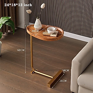 Viltisumt Small Side End Table 2022 New C Table Narrow Round Bed Sofa Couch Coffee Dinner Table for Snack Drink TV Tray, Slim Gold Rustic End Table Modern Simplicity, Metal and Wood - 24 Inch (Wood)