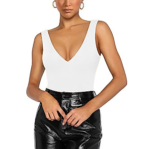 UEU Women’s Summer Sexy Deep V Neck Body Suits Backless Sleeveless Tong Bodysuit Tank Double Lined Tops for Women(White,S)