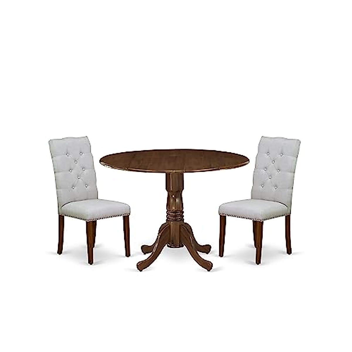 East West Furniture DLEL3-AWA-05 3 Piece Kitchen Table & Chairs Set Consist of a Round Dining Table with Dropleaf and 2 Upholstered Parson Chairs, 42x42 Inch, Antique Walnut