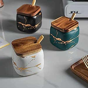 JFFLYIT 2 Sets of Marble Ceramic Sugar Bowl Ceramic Seasoning Jars with Wooden Lid and Wooden Spoon(Black)
