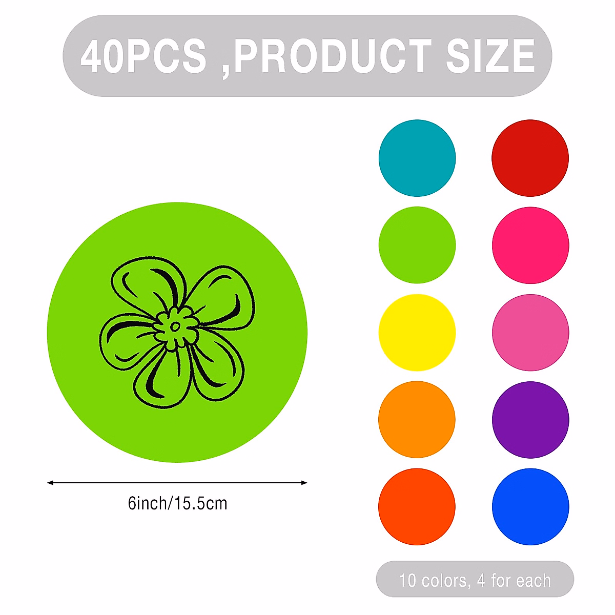 HOXHA 40Pcs 6 Inch Dry Erase Dots Circles, 10 Colors Removable Line Up Spots Set for Classroom Floor, Office, Home Table & Desk