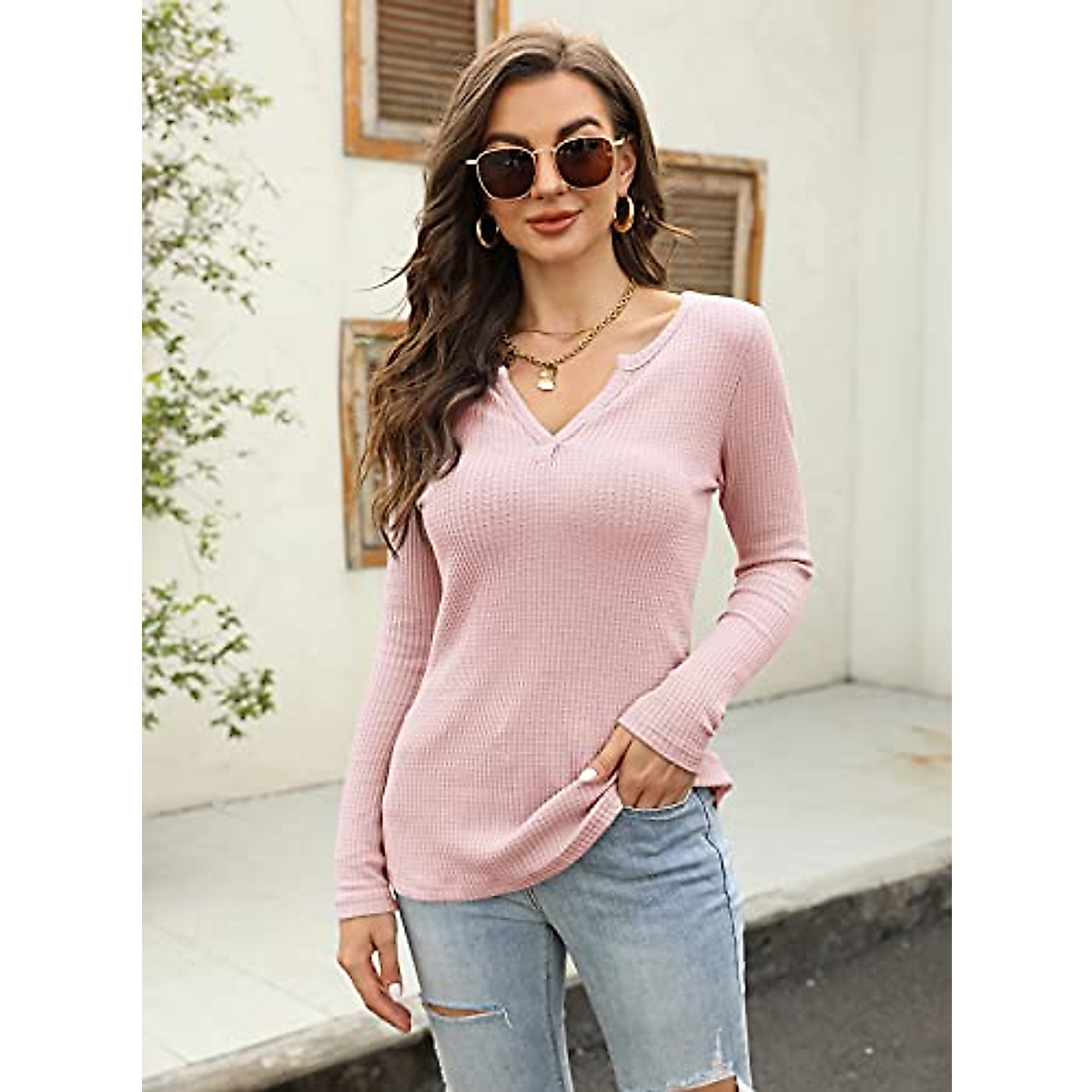Women's V Neck Waffle Knit Henley Tops Casual Long Sleeve Pullover Sweater Blouses (Light Pink-2, Large)