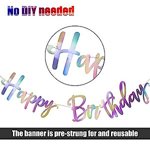 Tatuo Shiny Happy Birthday Banner Sign Iridescent Happy Birthday Banner Changeable Birthday Decoration Garland Bunting Banner, Iridescent Baby Shower Birthday Party Favor Supplies(Silver)