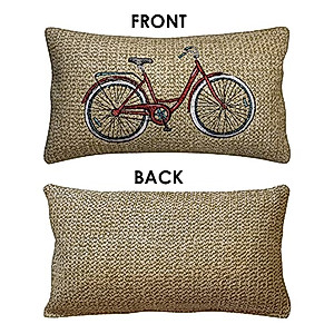 Honeycomb Indoor/Outdoor Raffia Bicycle Red Lumbar Toss Pillow: Woven Faux Jute, Recycled Polyester Fill, UV Resistant, Pack of 2 Pillows for Patio Furniture: 12” x 19” x 6”