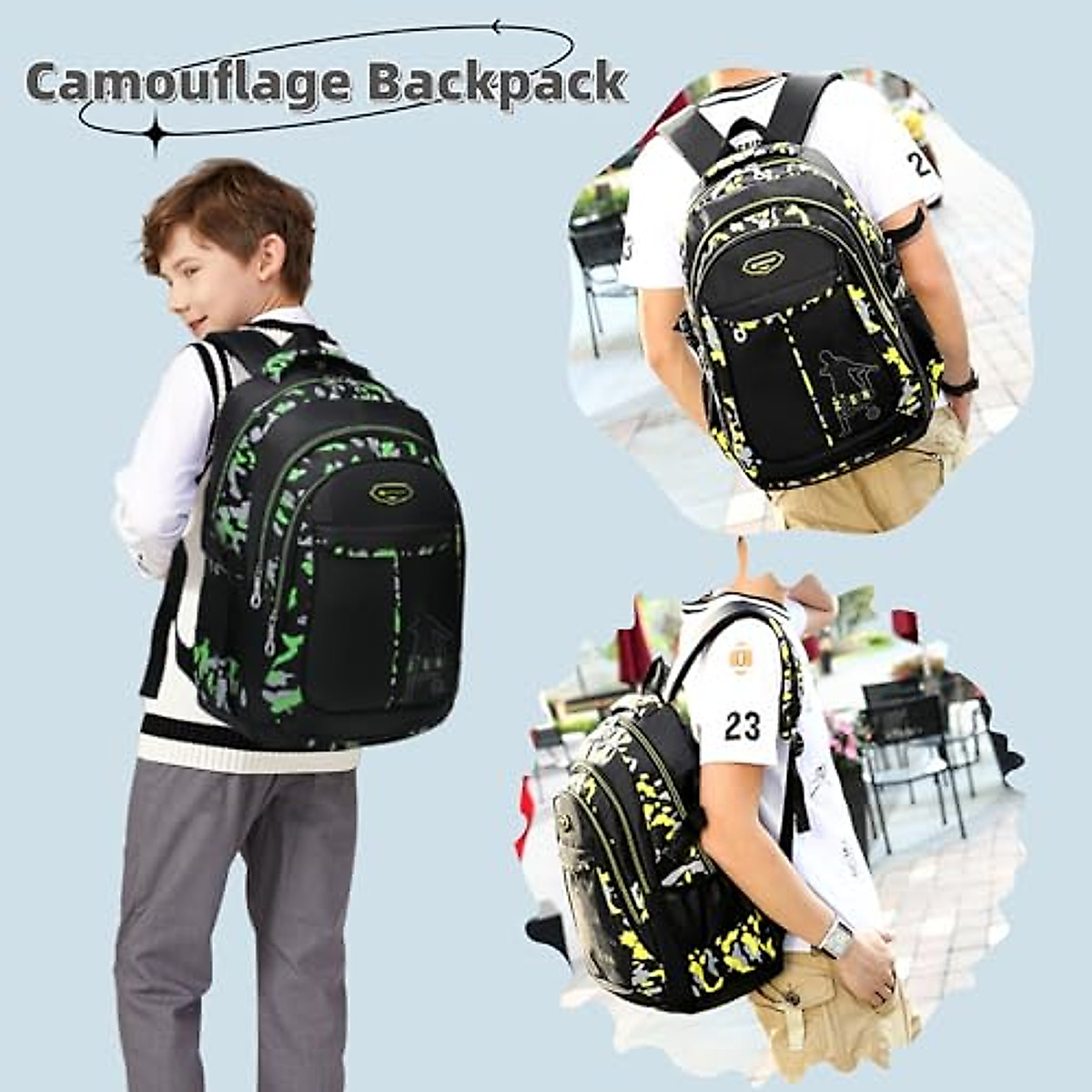 3Pcs Camo Boys Backpack for Kids with Insulated Lunch-Box, Camouflage Backpack Lunchbox Combo for Boys