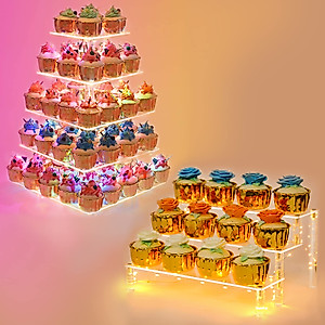 3 Tier Shelf Cake Pop Stand (Yellow) +5 Tier Premium Cupcake Holder – Acrylic Cupcake Tower Display – Cady Bar Party Décor – Acrylic Display for Pastry Weddings, Birthday (Colorful)