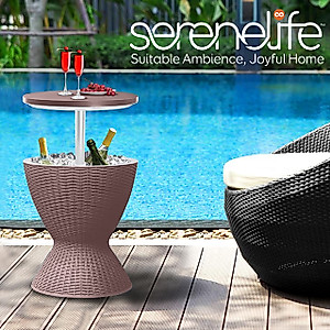 SereneLife Outdoor Cool Bar Table, 7.5 Gallon Beer and Wine Cooler, Patio Furniture & Hot Tub Side Table, Beverage Cooler, All-Weather Resistant Ice Cool Bar, Rattan Style Patio, Cocktail Bar (Grey)