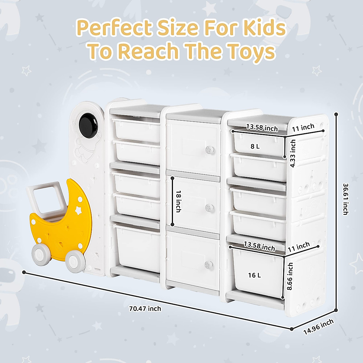 duke baby Kids 3 Layer Toy Storage Organizer with 10 Storage Bins, 3 Toy Cabinets with Doors, Display Bookshelves and Toy Cart for Kids Playroom Bedrooms Age 1-12, Space Collection Large