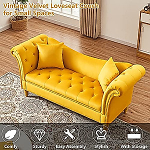 Betoko Velvet Loveseat Sofas Couches with Storage Seat Flared Rolled Arm 2 Seater Sofa for Living Room Bedroom Button Tufted Small Couch with Solid Wood Legs (Yellow)
