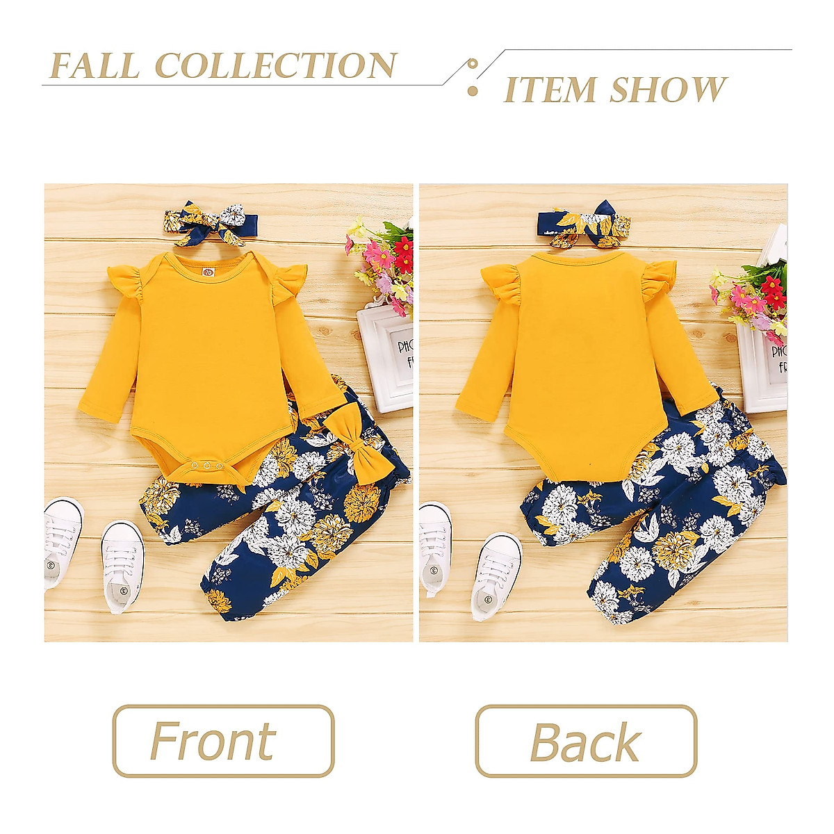 Baby Girl Outfit 3-6 Month Girl Clothes Infant Yellow Ruffle Long Sleeve Romper Bodysuit Floral Pants Set Baby Girl Fall Clothes 2 Pieces Outfit