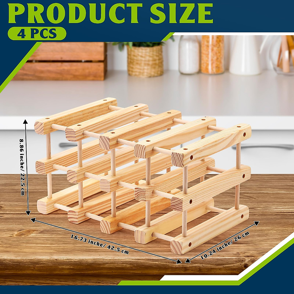 Kigley 4 Pcs 48 Bottles Wine Racks Wood Stackable Modular Wine Holder Freestanding Modular Wine Bottle Storage Display Shelf Wood Wine Bottle Holder for Kitchen Bar Pantry Cellar, Wood