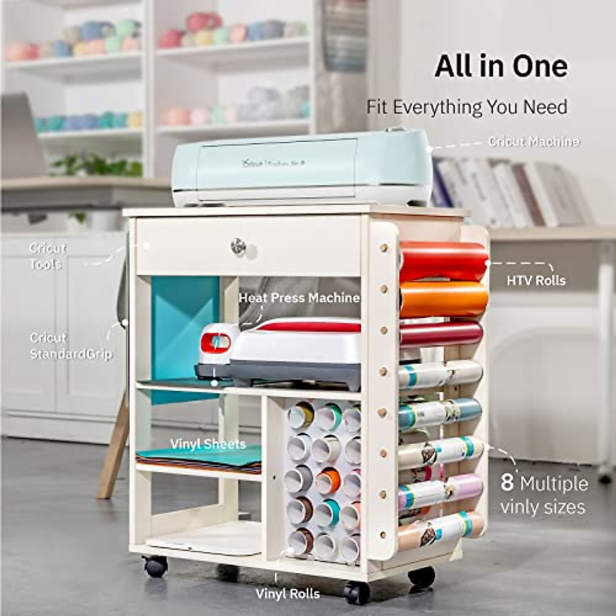 Crafit Organization and Storage Cart Compatible with Cricut Machine, Rolling Craft Storage Organizer with Vinyl Roll Holder, Crafting Cabinet Table Workstation for Craft Room Home - Patent Protected