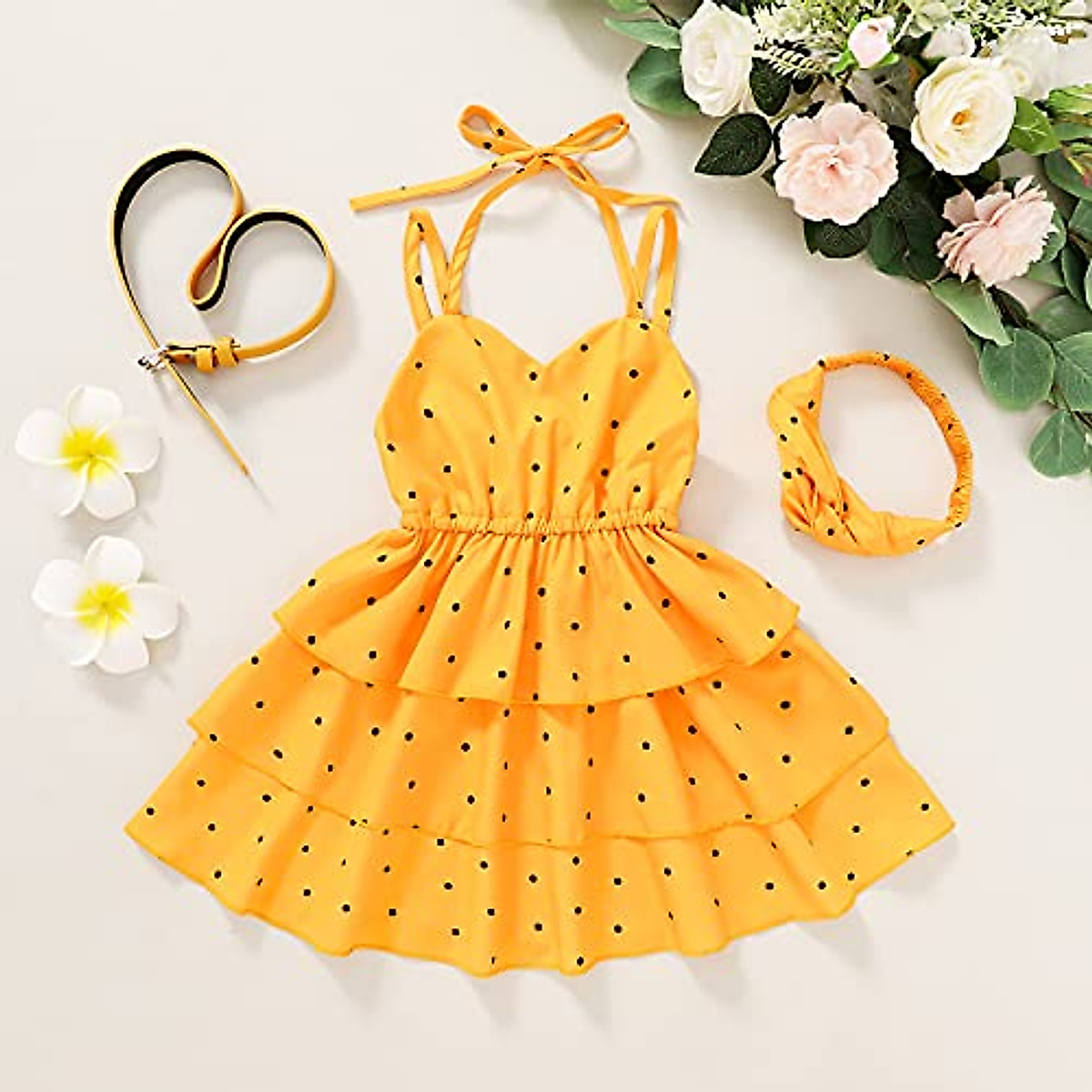 Toddler Girls Dress Halter Dots 3-Layer Pleated Party Dress Chiffon One-Piece A-line Dress with Belt and Headband Summer Outfits (Yellow dots Girls Dress, 4_Years)