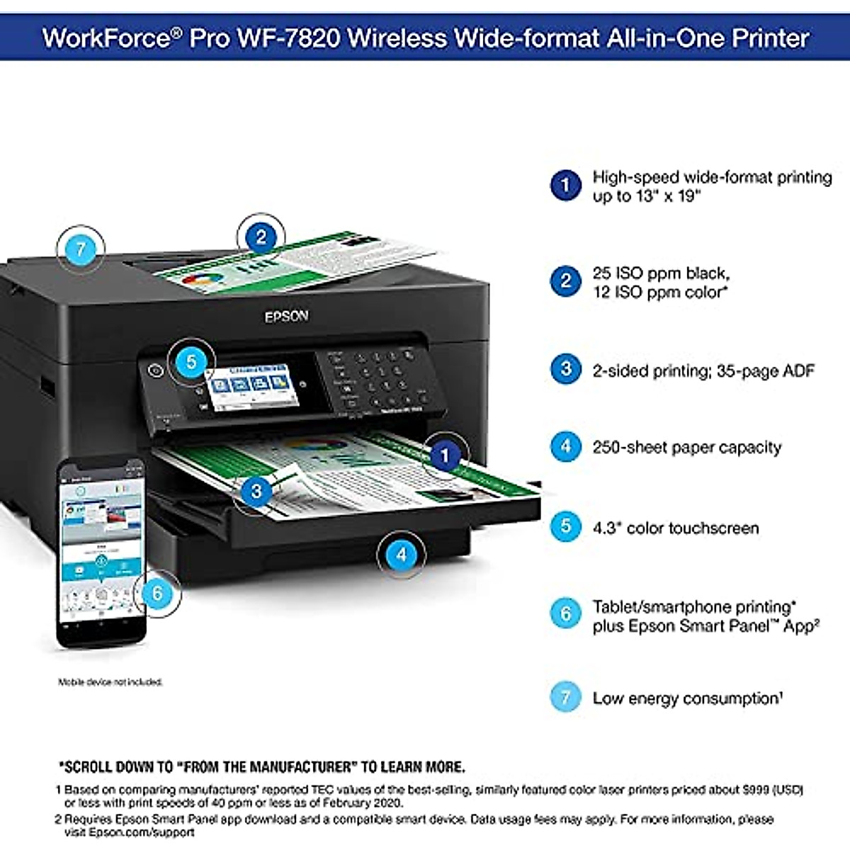 Epson Workforce Pro WF-7820 Color Inkjet Wireless All-in-One Printer - Print Scan Copy Fax - 4.3" Touchscreen Display, 4800 x 2400 dpi, 13"x19", 50-Sheet ADF, 25 ppm, Auto 2-Sided Printing