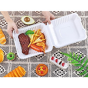 AUEAR, 8 Inch [50 Pack], Compostable Clamshell Take Out Food Containers, To Go Boxes for Food, Natural Disposable Clamshell Food Container, Eco-Friendly, Heavy - Duty To-Go Containers