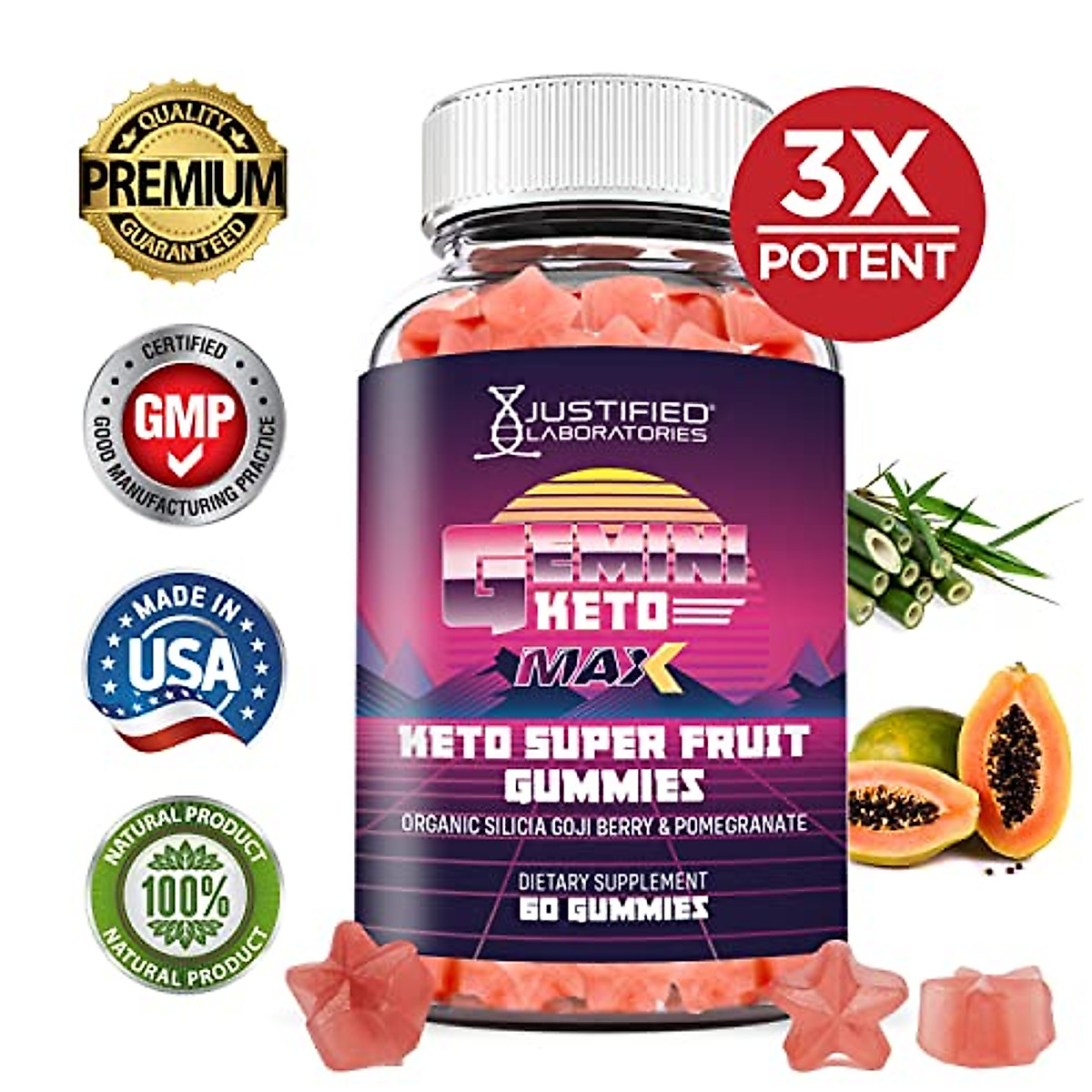 (2 Pack) Gemini Keto Max Superfruit Gummies Collagen Booster Contains Organic Silica Bamboo Acai Berry with Pomegranate Juice 120 Gummys