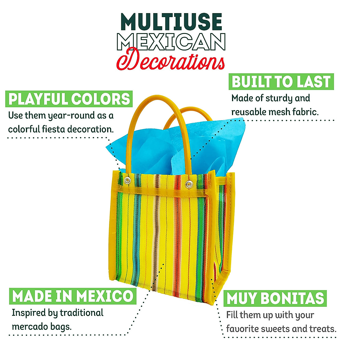 10 Mini Mercado Favor Bags - Mexican Mesh Market Tote Bag Pack - Fiesta Goodie Treat Bag - Mexican Party Candy Gift Bag - Bolsas Bolsitas Mexicanas Para Dulces -Dulceros Morrales Morralitos Mexicanos