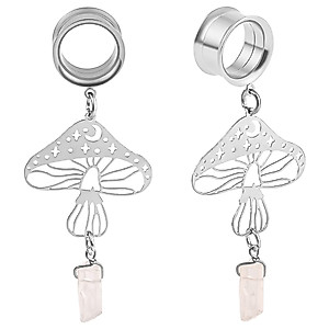 DOEARKO 2PCS Mushroom-Pendant Natural Stone Hypoallergenic Stainless Steel Dangle Ear Plugs Tunnels Ear Gauges Stretcher Pair Selling 2g 0g Piercing Body Jewelry (8mm(0G), Silver)